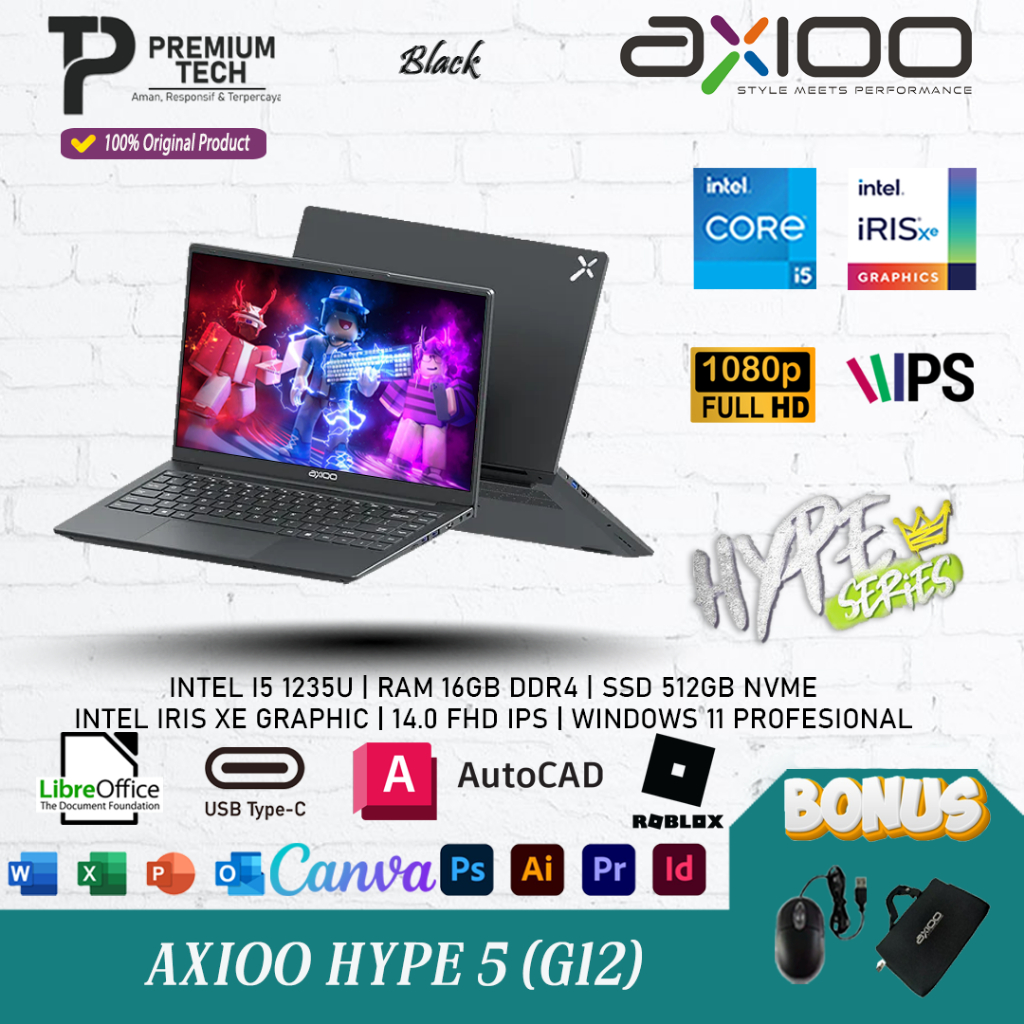 Jual Laptop Slim Axioo Hype 5 G12 Intel i5 1235U RAM 16GB SSD 512GB FHD ...