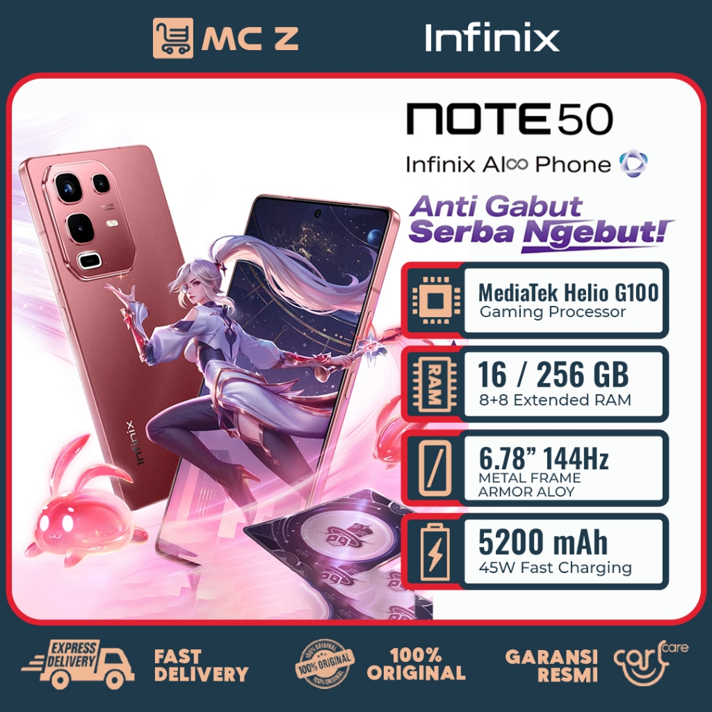 Jual Official Infinix Note 50 8+8/256 GB - Mediatek Helio G100 - 6.78" FHD+ 120Hz - Frame Metal ...