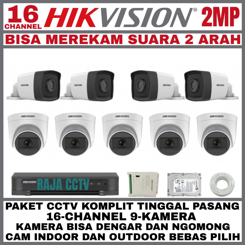 Jual paket cctv hikvision 2mp 16 channel 9 camera two way audio 2 arah ...