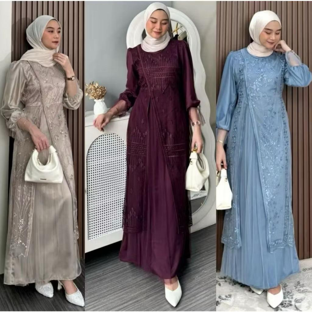 Jual Kinar Dress Silk Kombinasi Tile Garden Premium Warna Burgundy Gamis Brukat Tile Pesta ...