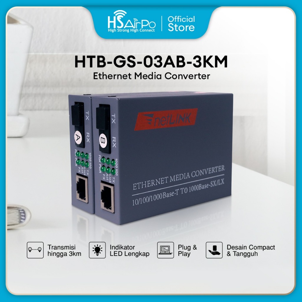 Jual HSAirPo Fiber Optic Media Converter HTB-GS-03 A+B - 3KMOptical Netlink HTBGS03 1000Mbps ...