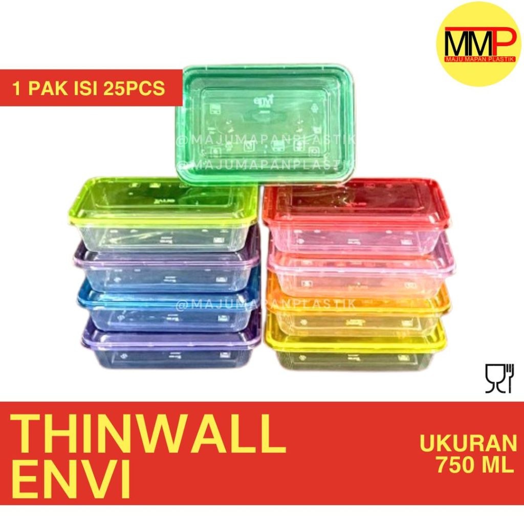 Jual [25pcs] Kotak Container Thinwall ENVI 750ml / Thinwall 750 ML Tutup Warna / Thinwall bening ...