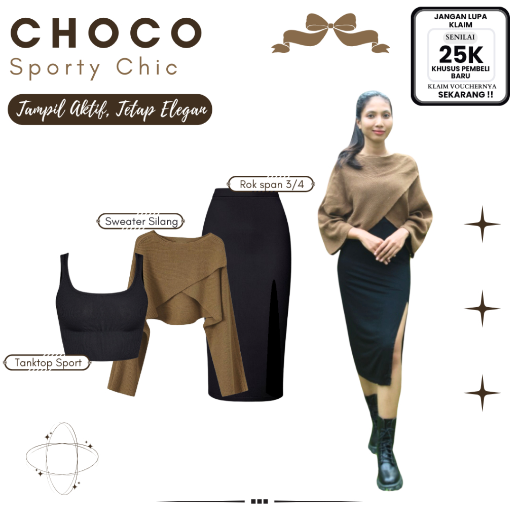 Jual StarrYouniq - CHOCO SPORTY CHIC (Sweater Shea Coklat+Tanktop Sport+Rok Span Belah Samping ...