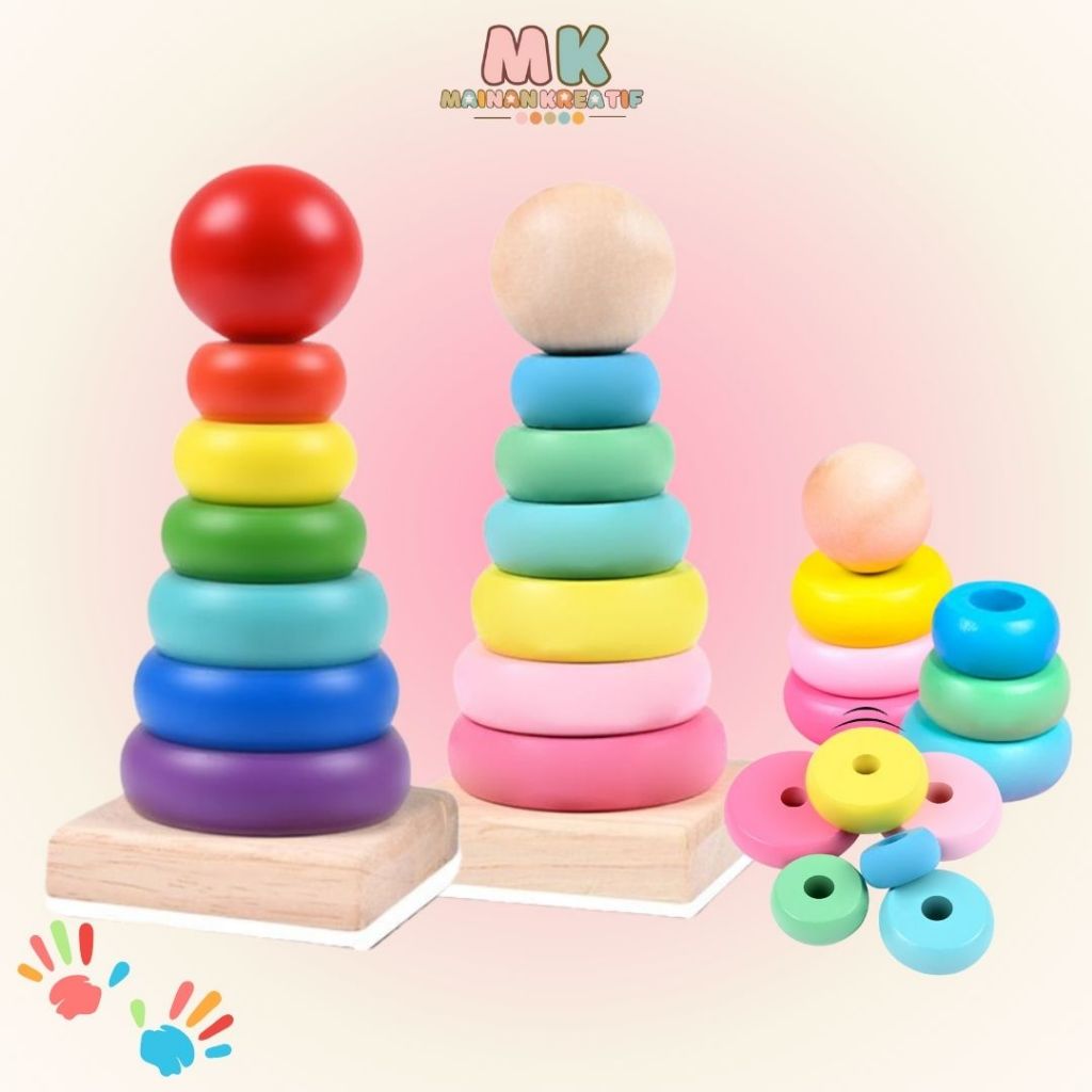 Jual MK114 Mainan Ring Donat Kayu Rainbow Tower / Susun Mainan Menara ...