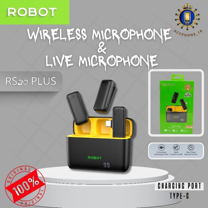 Jual ROBOT RS20 Plus 1 To 2 Clip Wireless Microphone,Recording/Live Broadcast,With Charging Case ...