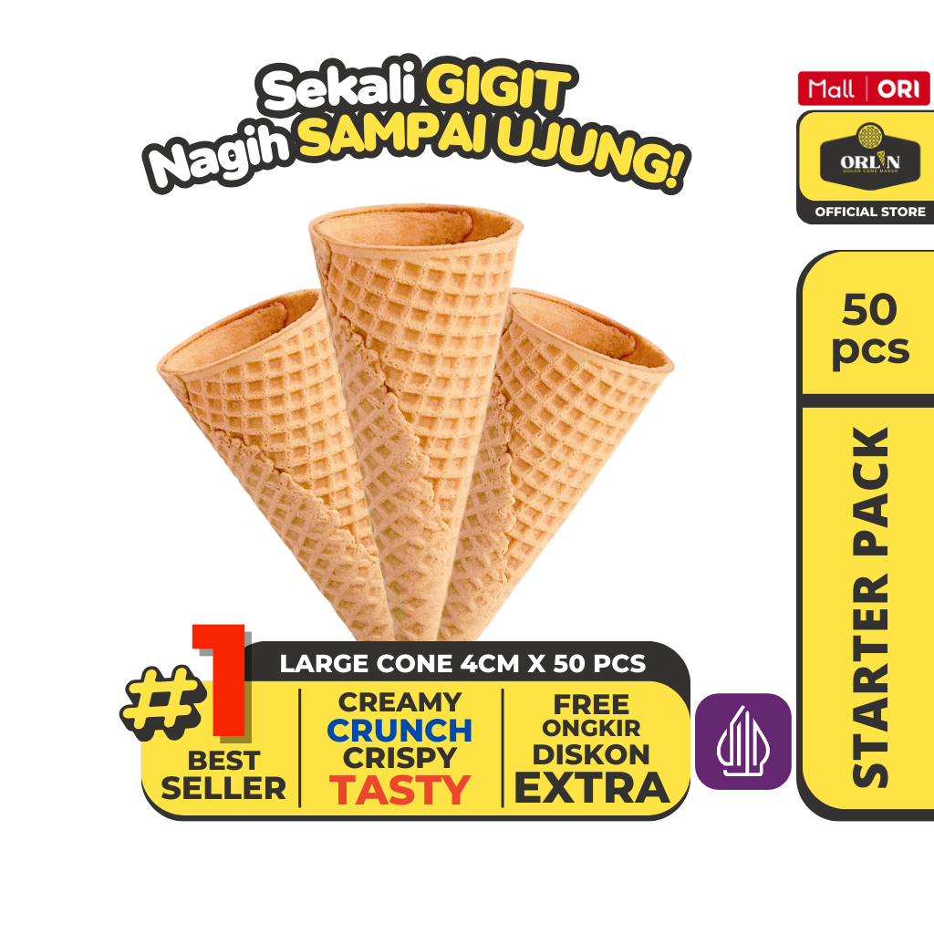 Jual ORLIN Starter Pack Large Waffle Cone Ice Cream 4cm x 8cm isi 50pcs ...
