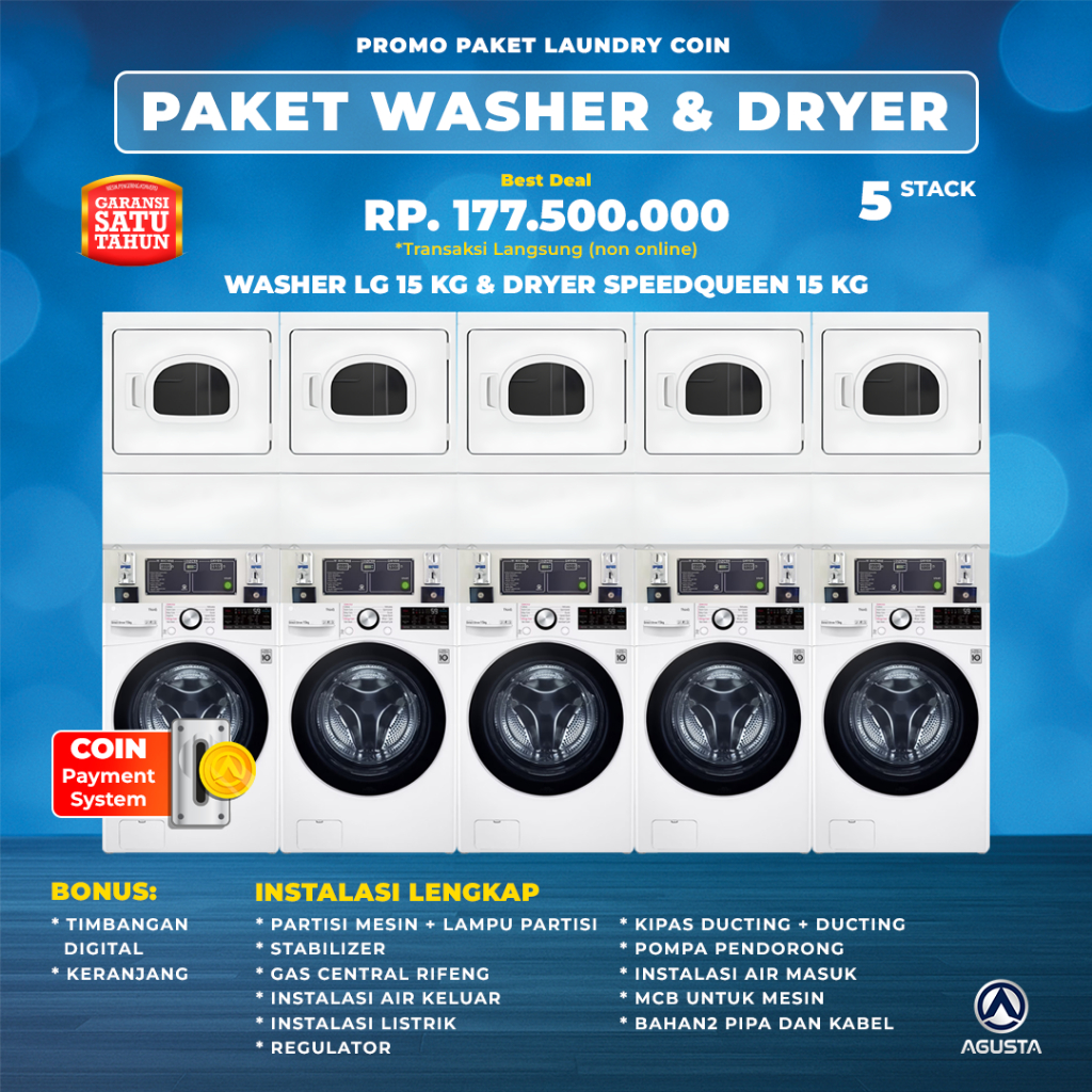 Jual Mesin Laundry Koin Paket 5 Stack LG 15 kg & peed Queen 15 kg ...