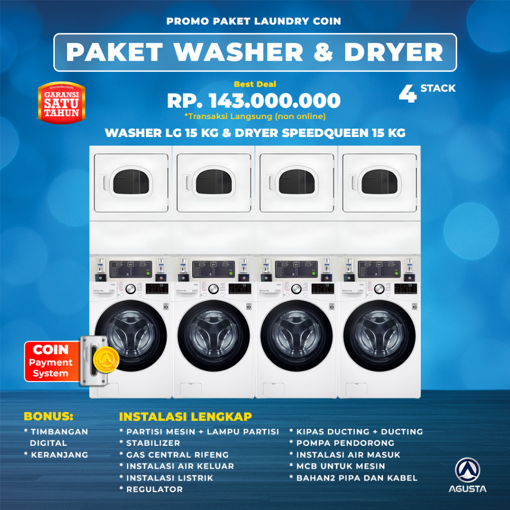 Jual Mesin Laundry Koin Paket 4 Stack LG 15 kg & peed Queen 15 kg ...