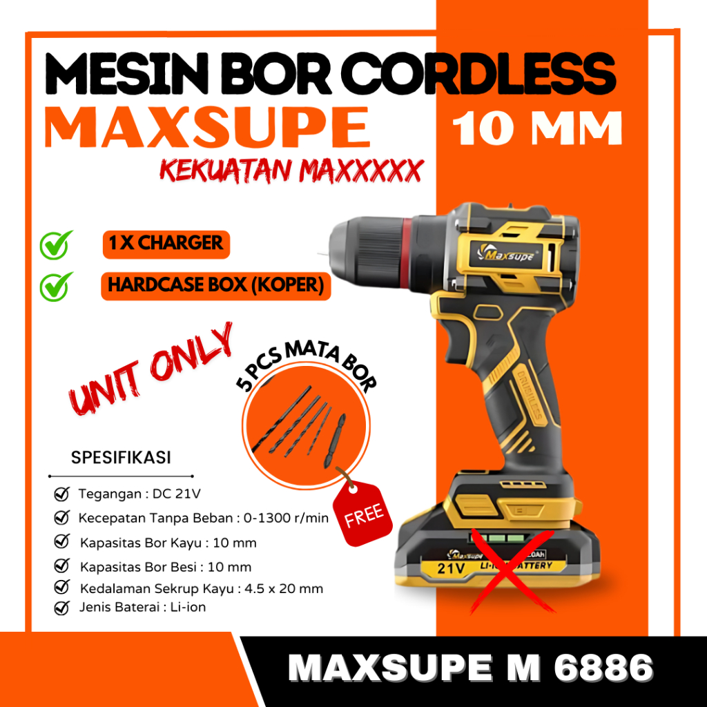 Jual Mesin Bor Baterai MAXSUPE 20v M 6886 10 mm Brushless Cordless ...