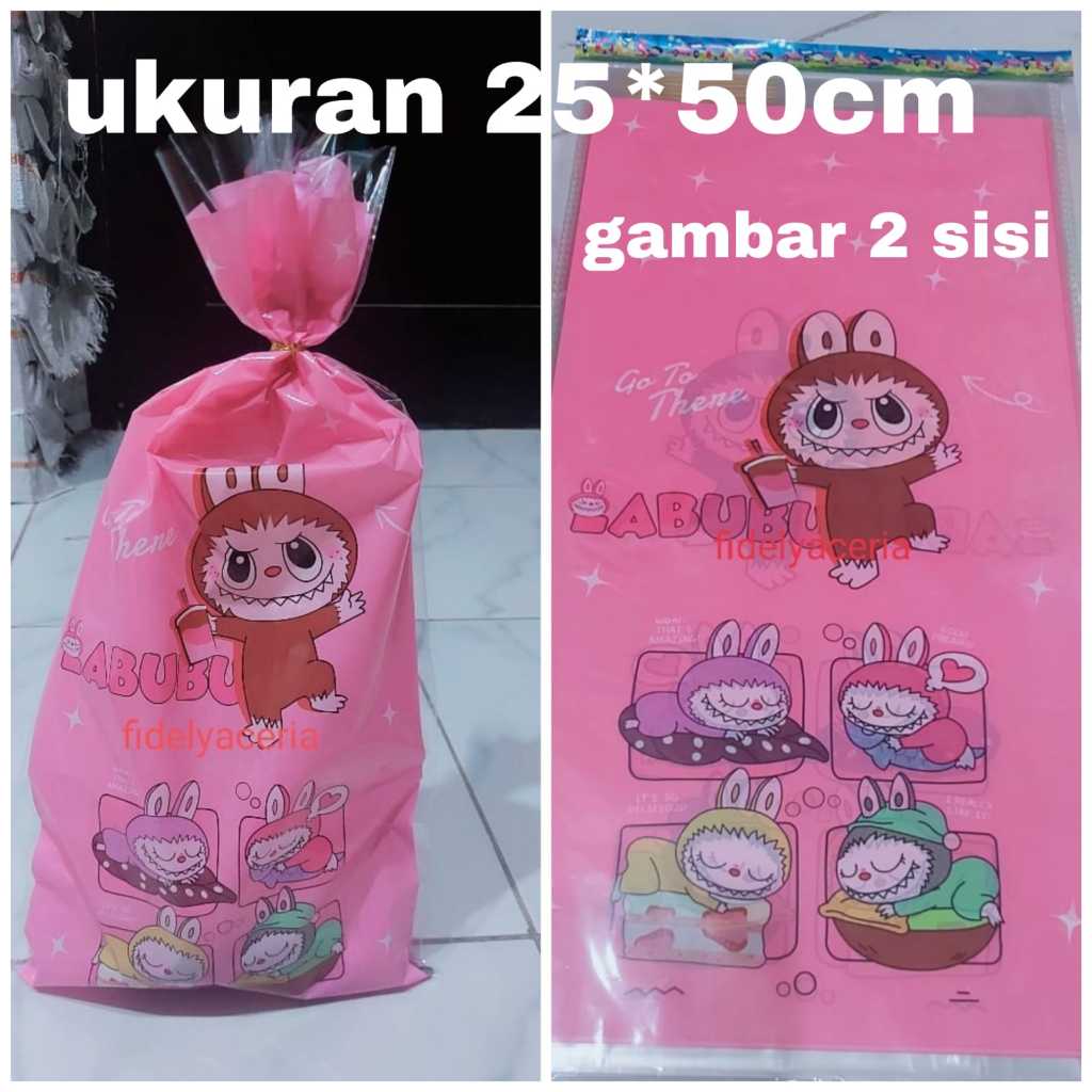 Jual Plastik Ultah Motif Labubu PINK ukuran L Jumbo / Plastik Bingkisan ...