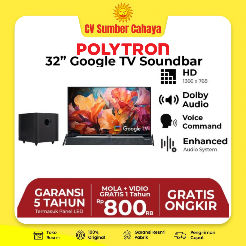 Jual Polytron LED Smart Google TV 32" + Sound Bar Subwoofer Digital PLD ...