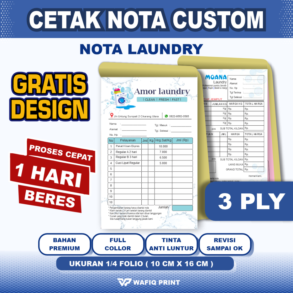 Jual Nota Laundry 3PLY Custom Nama Sendiri Ukuran 1/4 polio Gratis ...