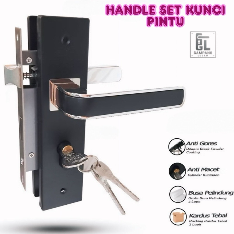 Jual handle set kunci pintu hitam ring silver minimalis ukuran tanggung ...