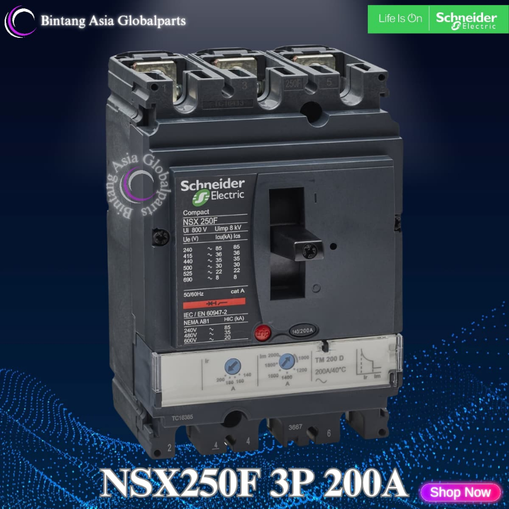 Jual MCCB 3 Phase 200 Ampere Schneider LV431631 Original / MCCB 3p 200a 36kA NSX250F / Breaker 3 ...