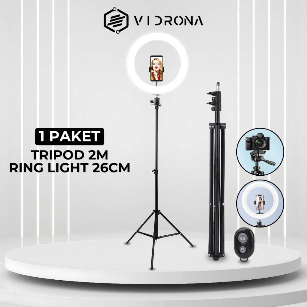 Jual VIDRONA Tripod 2M + Ringlight 26 Cm Remot Bluetooth Alat Konten Live Stream Selfie Make Up ...