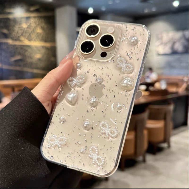 Jual NEW - 3D Pearl Heart Ribbon Transparan Glitter Case - Hardcase ...