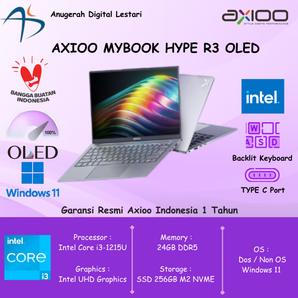 Jual Axioo Hype R3 Oled i3-1215U 24GB NVME 256GB 14"OLED Laptop Under ...