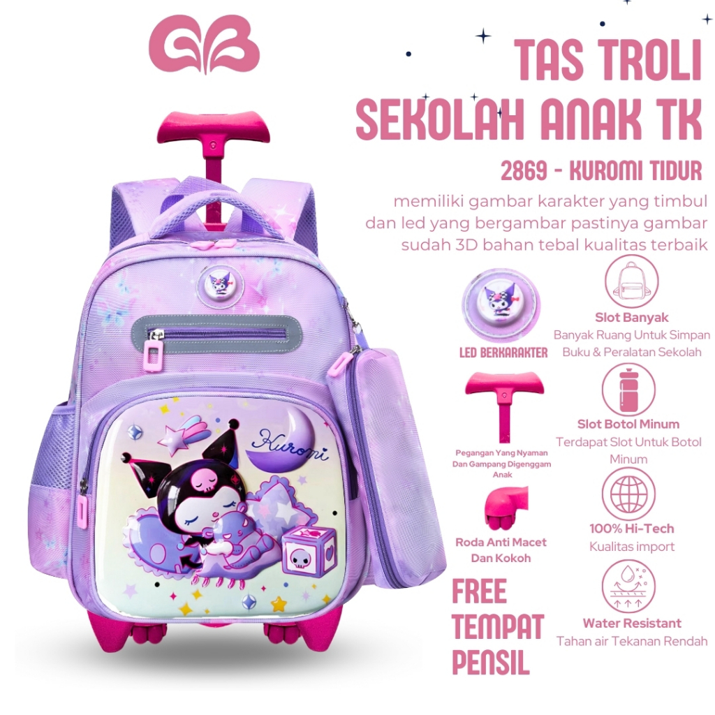 Jual Geulis Bags Tas Troli Sekolah Anak TK Perempuan Troly Ransel Dorong Karakter Kuromi Anti ...