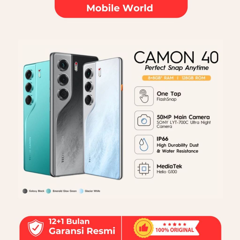 Jual Mobile World TECNO CAMON 40 8+8GB*128 GB [ One Tap Flash Snap ...