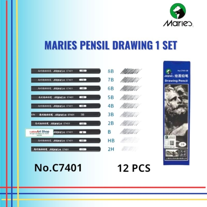 Jual C7401 Pensil Gambar Maries Drawing Pencil Set 12pcs 2H-12B | Shopee Indonesia