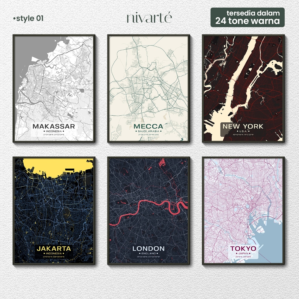 Jual Custom City Map Poster [STYLE 01] tersedia 24 tone warna | Poster ...