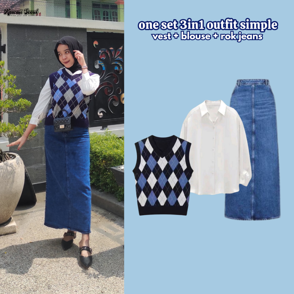 Jual One Set Vest Diamond 3in1 Korean Style Kemeja Blouse Rok Jeans ...