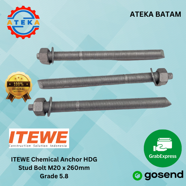 Jual ITEWE Chemical Anchor Stud Bolt M20 x 260mm HDG Grade 5.8 Angkur ...