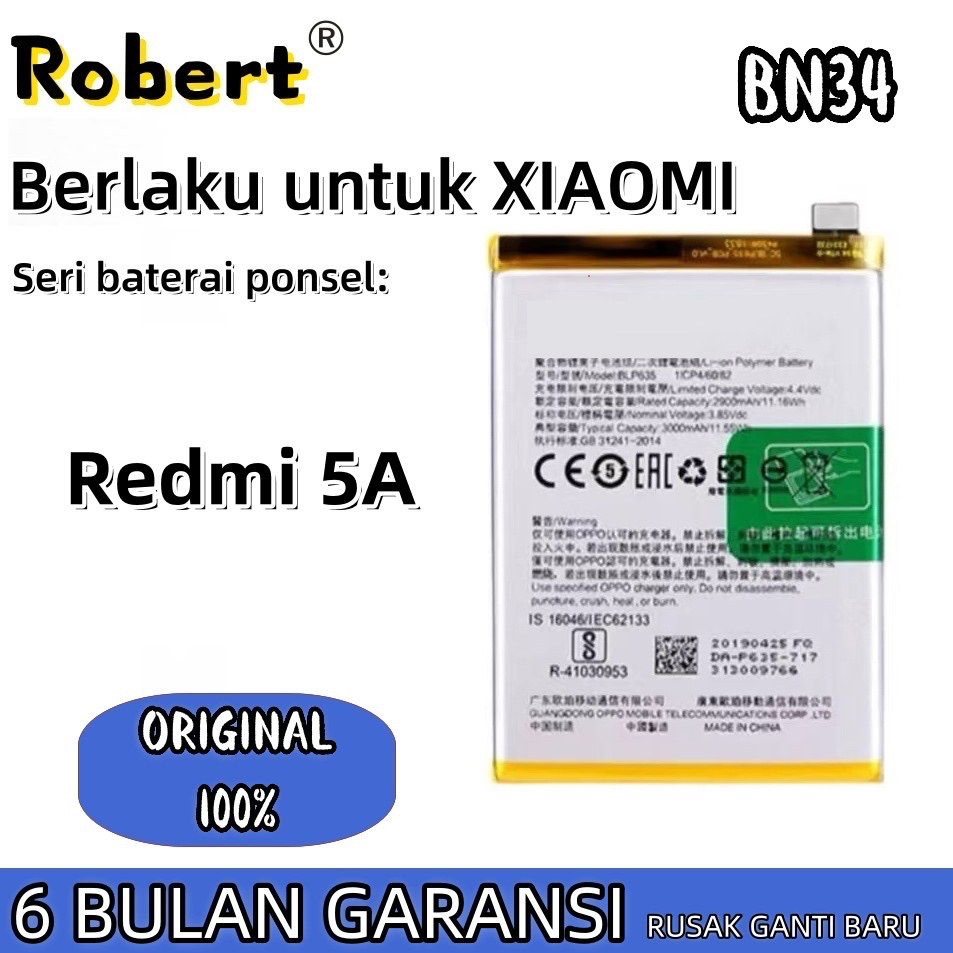 Jual Barterai Robert BN34 Redmi 5A Baterai HP ORIGINAL | Shopee Indonesia