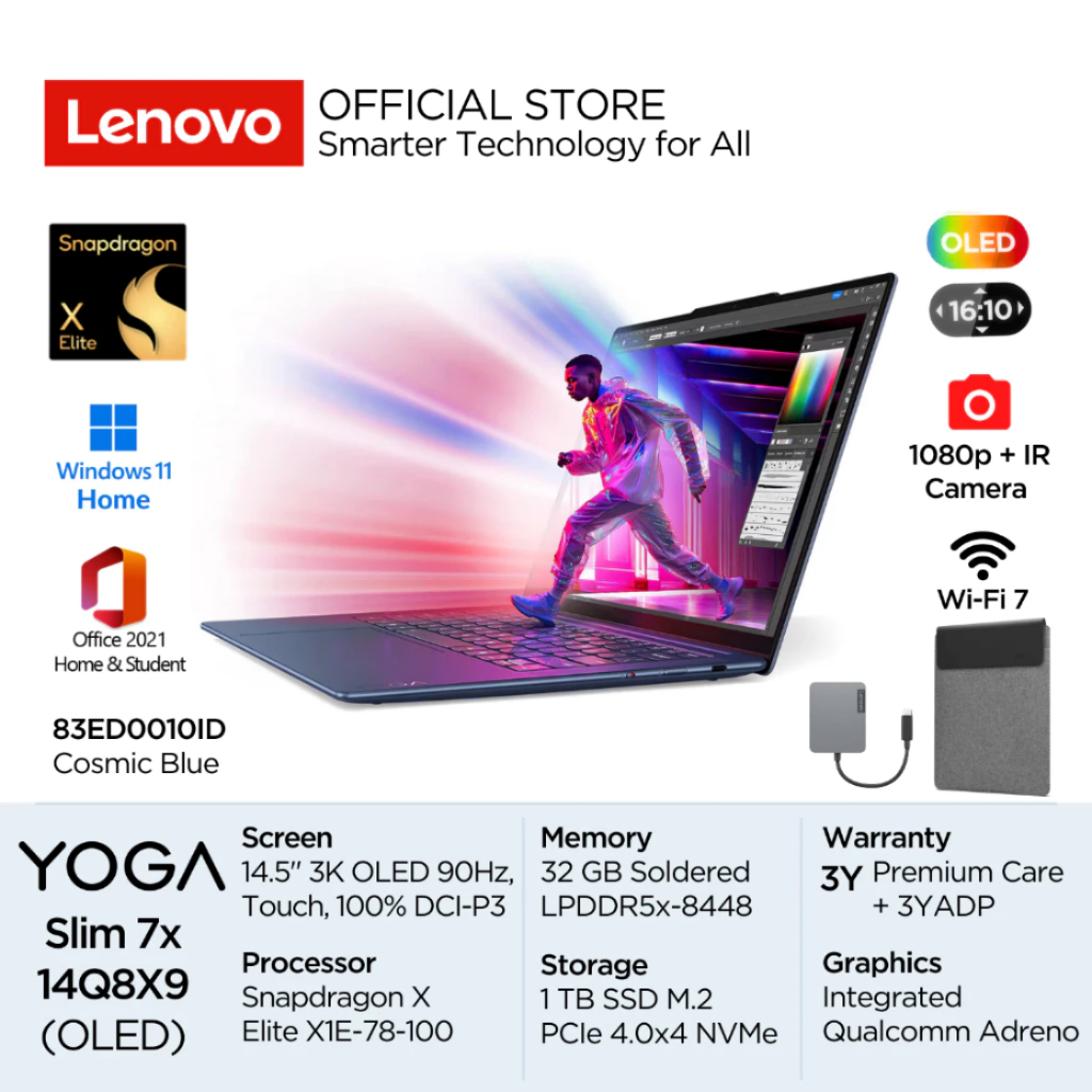 Jual Lenovo Yoga Slim 7x 14Q8X9 10ID Snapdragon X Elite X1E-78-100 Win11 32GB 1TB SSD 14.5" 3K ...