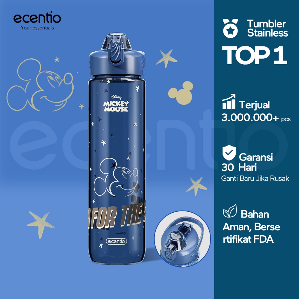 Jual [Original] ecentio botol minum Disney Micky dengan sedotan 1000ml ...