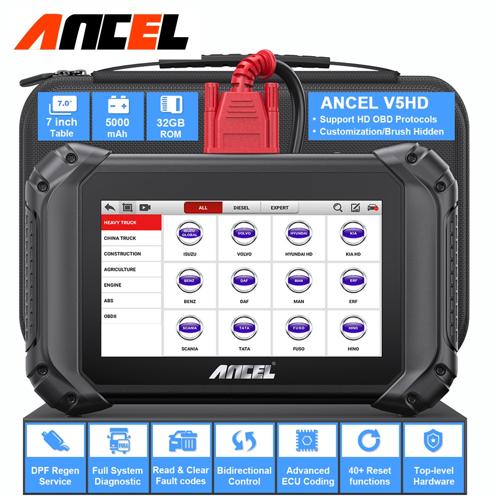 Jual ANCEL V5 HD Heavy Duty Truck Scanner 12V 24V OBD2 Scanner Sistem Lengkap 2025 ECU Remap ...