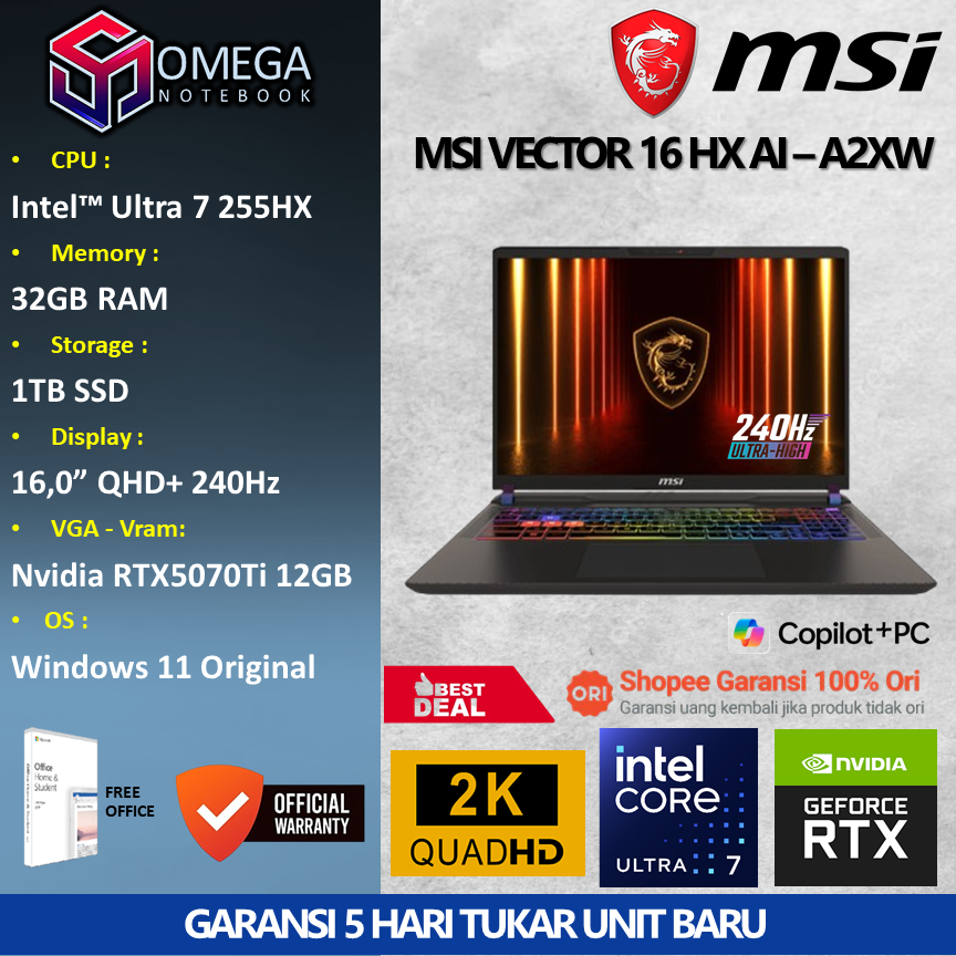 Jual MSI Vector 16 HX AI A2XW Ultra 7 255HX 32GB 1TB RTX5070Ti 12GB 16 ...