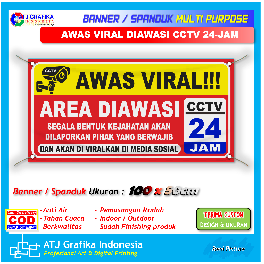 Jual Banner spanduk awas viral area diawasi CCTV 24 jam peringatan ...