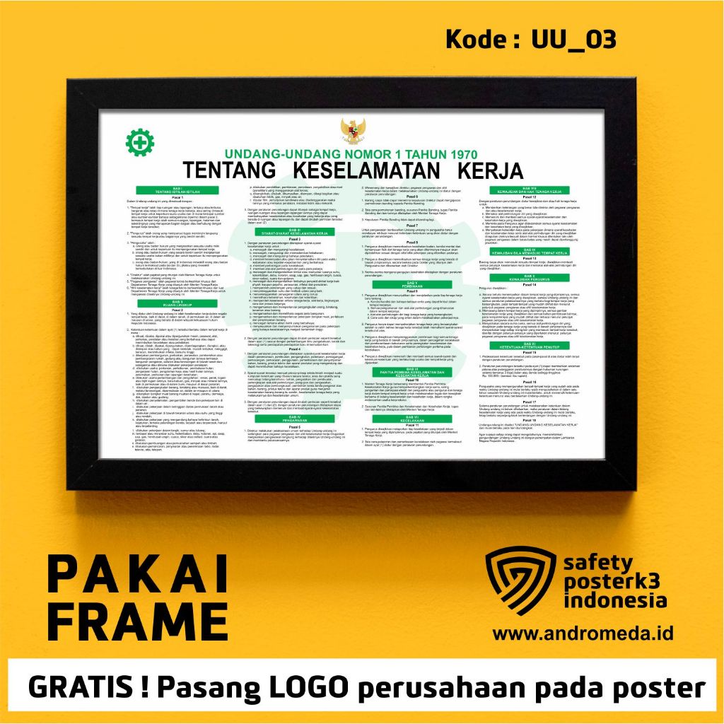 Jual Safety Poster K3 Undang-Undang No 1 Tahun 1970 Tentang Keselamatan ...