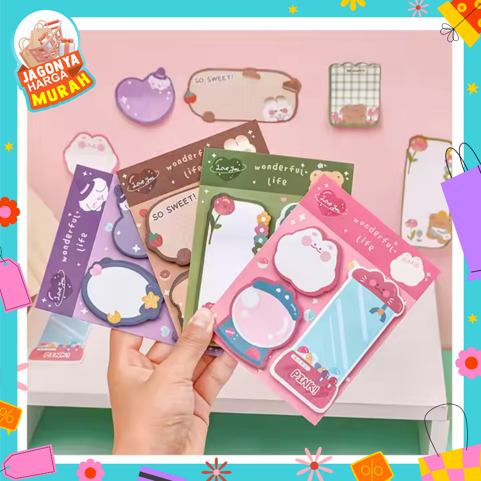 Jual JHM Notes Kertas Tempel Karakter Bear Cat Rabbit Sticky Notes Lucu ...