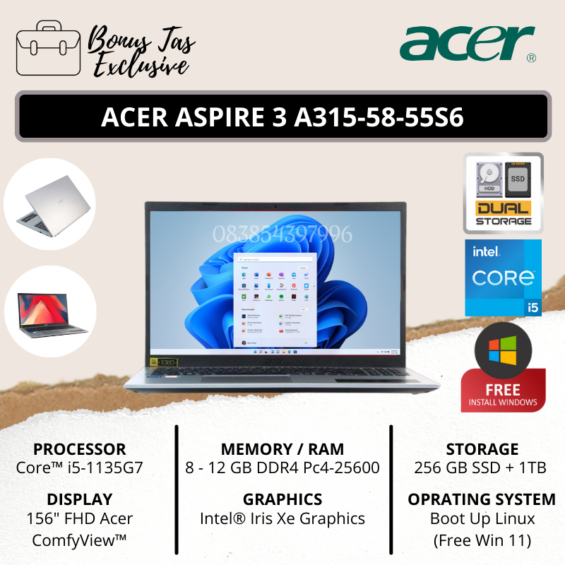 Jual LAPTOP ACER CORE I5 GEN 11 - ACER ASPIRE 3 A315-58-55S6 - CORE I5 ...