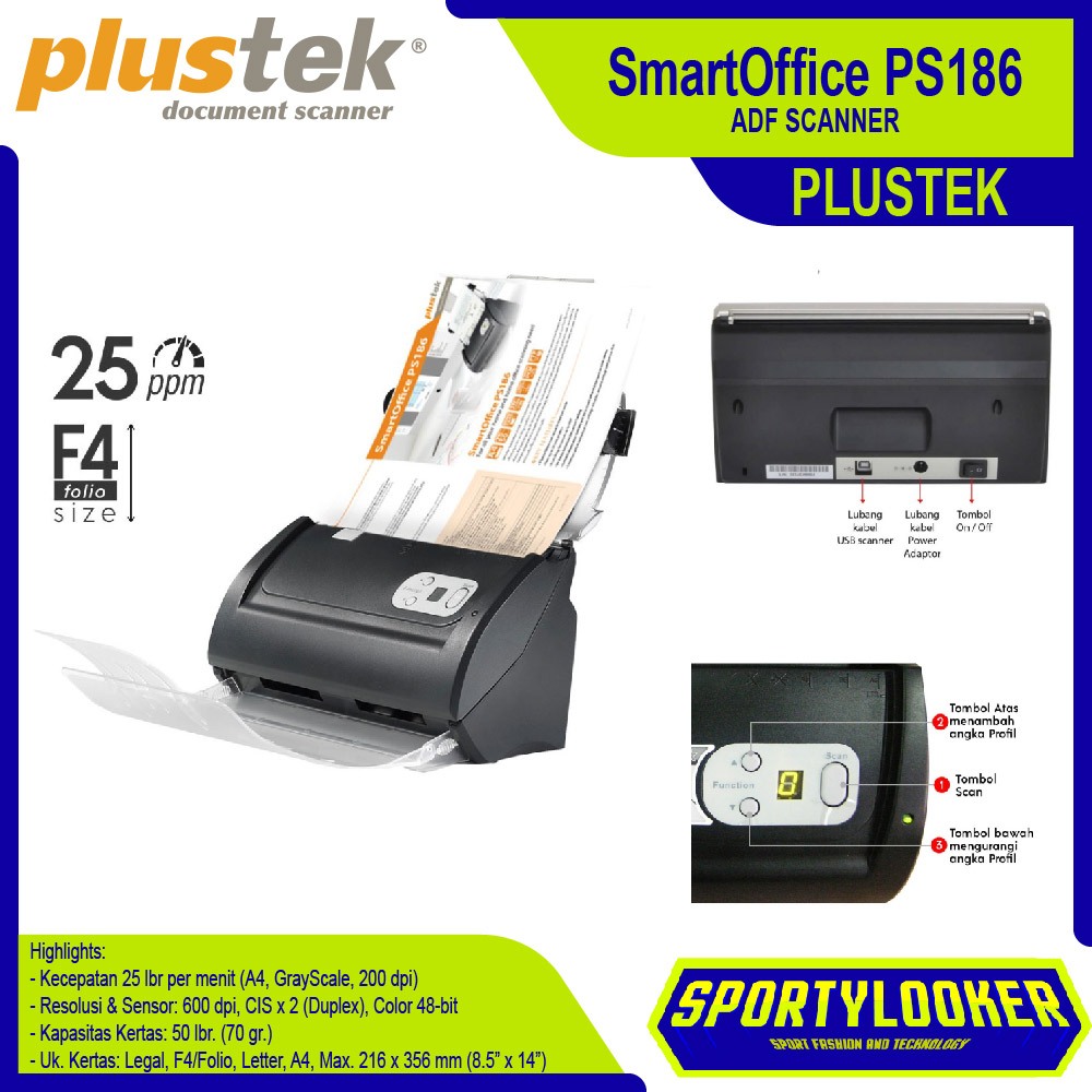 Jual Scanner Plustek SmartOffice PS186 ADF | F4 | 25 ppm | Shopee Indonesia
