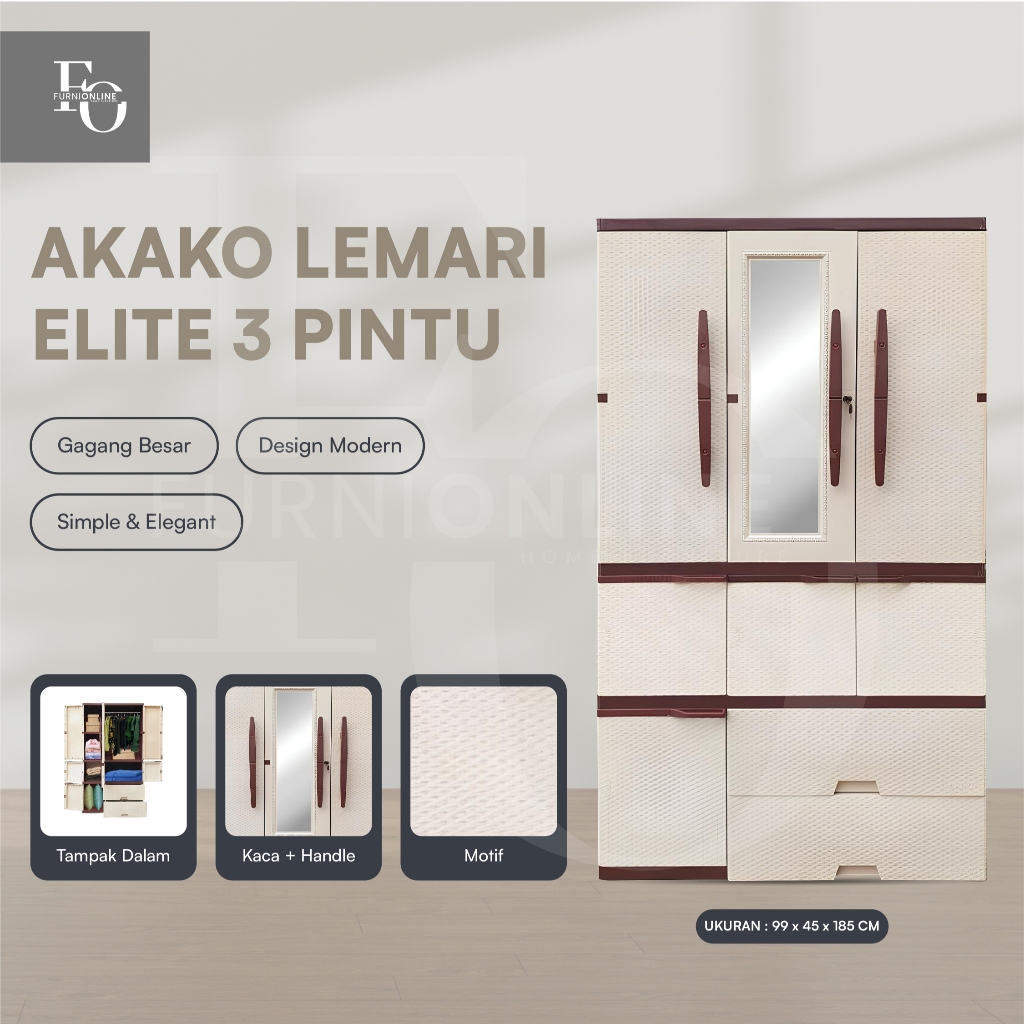 Jual AKAKO - Lemari Pakaian 3 Pintu Jumbo Gantung + Laci + Kaca Motif ...