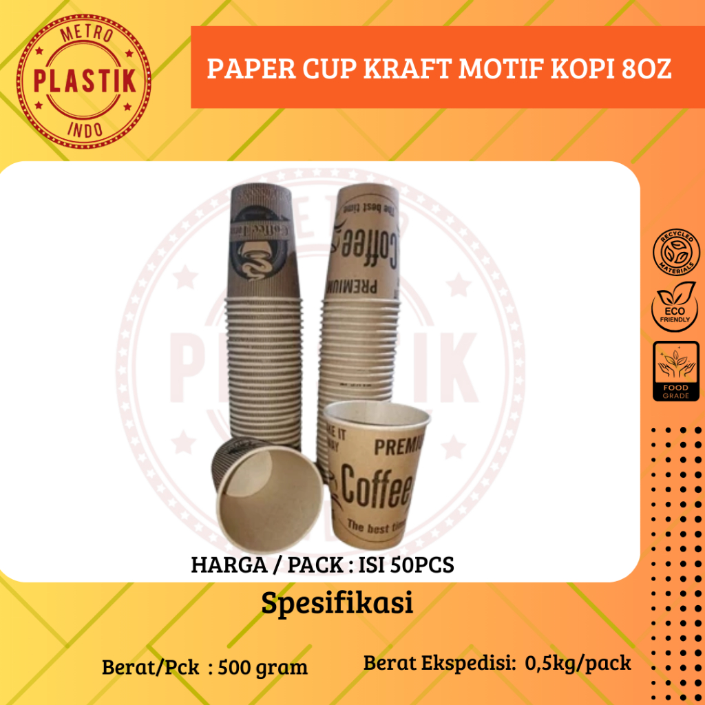 Jual Paper Cup Kraft Motif Kopi 8oz Isi 50pcs / Gelas Kertas Motif Coffee 8 oz | Shopee Indonesia
