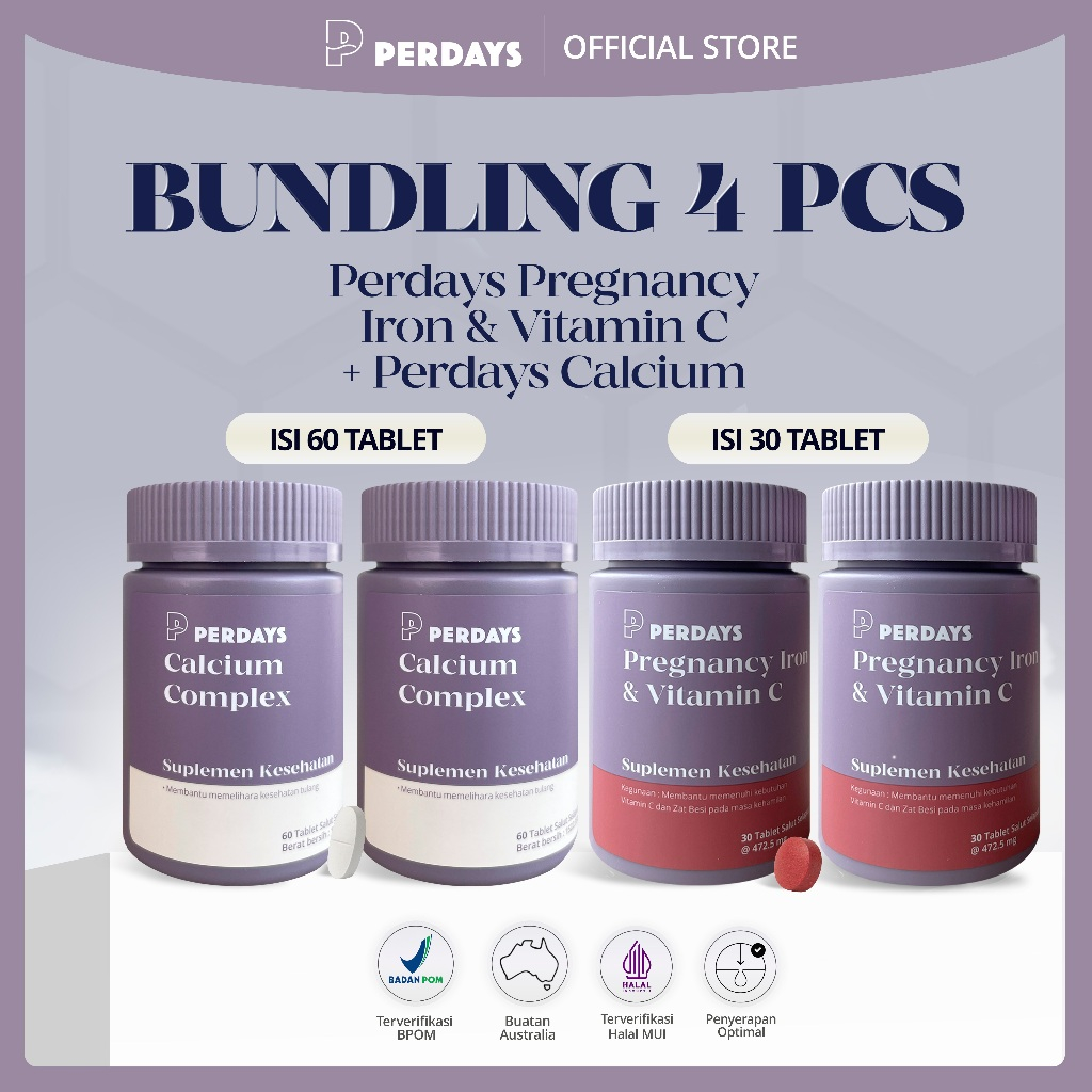 Jual Perdays Pregnancy Iron & VC + Perdays Calcium Complex (Mix 4 Botol) Halal BPOM TGA Made In ...