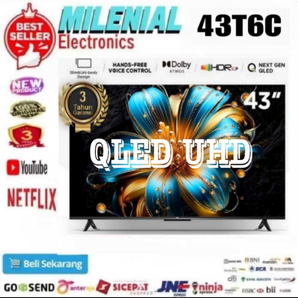 Jual TCL LED TV 43T6C 43V6C 43 Inch GOOGLE TV 4K QLED - HVA Panel - Dolby Vision & Atmos - HDR ...