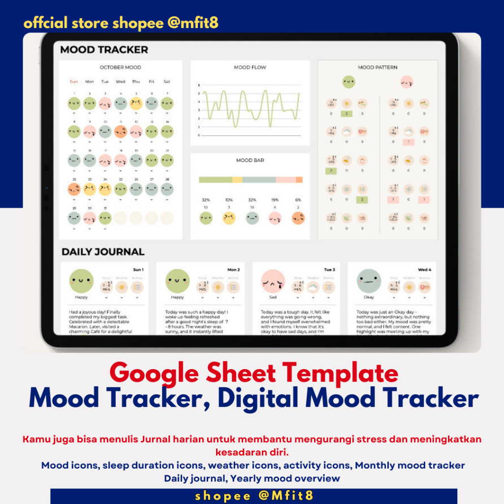 Jual Mood Tracker, Digital Mood Tracker, Google Sheet Template, Journal, Journaling, Digital ...