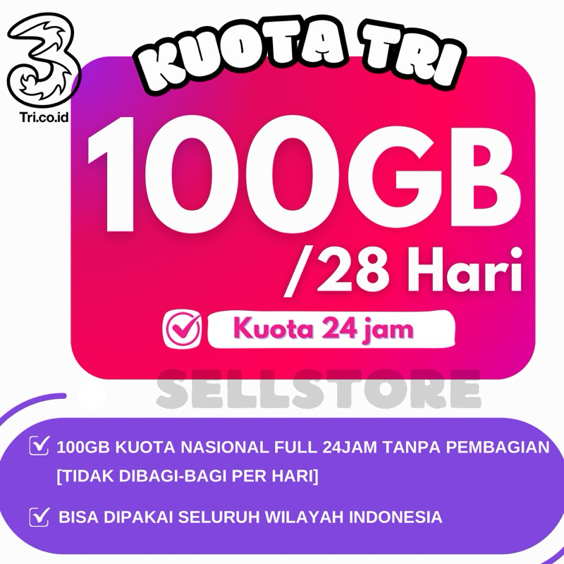 Jual HOT PROMO KUOTA TRI 100GB || 42GB FULL KUOTA INTERNET 30HARI | Shopee Indonesia