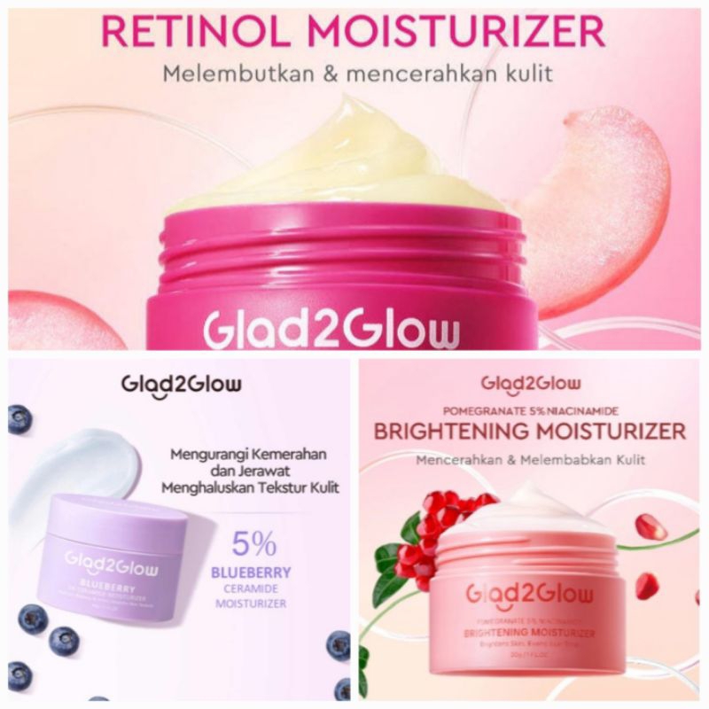 Jual Glad2Glow Moisturizer, Retinol Peach 30g,Pomegranate 30g, Blueberry 30g, | Shopee Indonesia