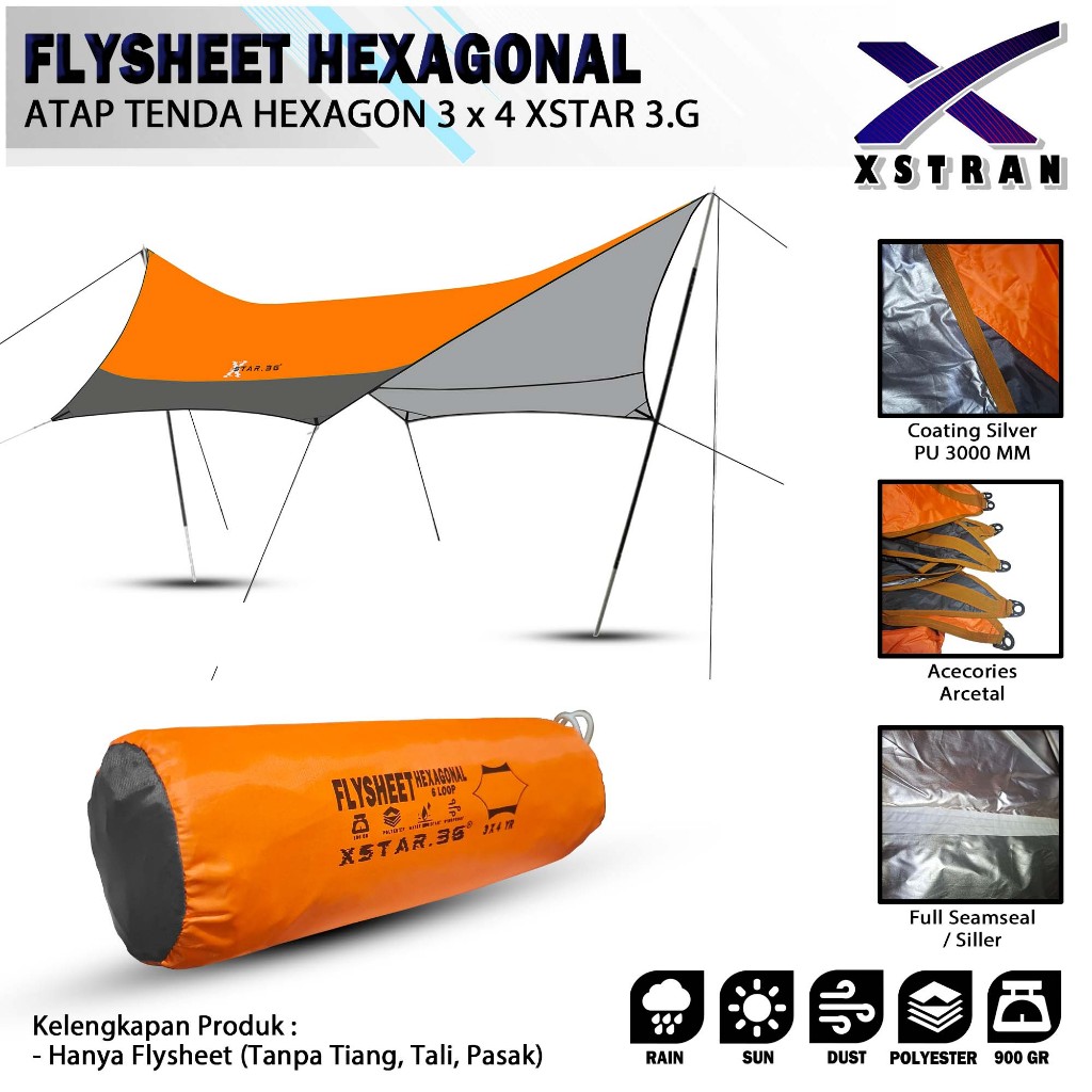 Jual flysheet hexagonal 3x4 flysheet waterproof full seamseal original ...
