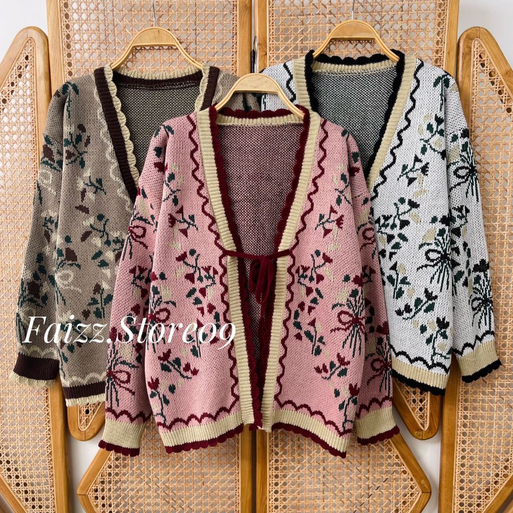 Jual Eelweis Cardy Knitwear - Outer Atasan Cardigan Rajut Wanita Motif Tali Pita Bunga Korean ...