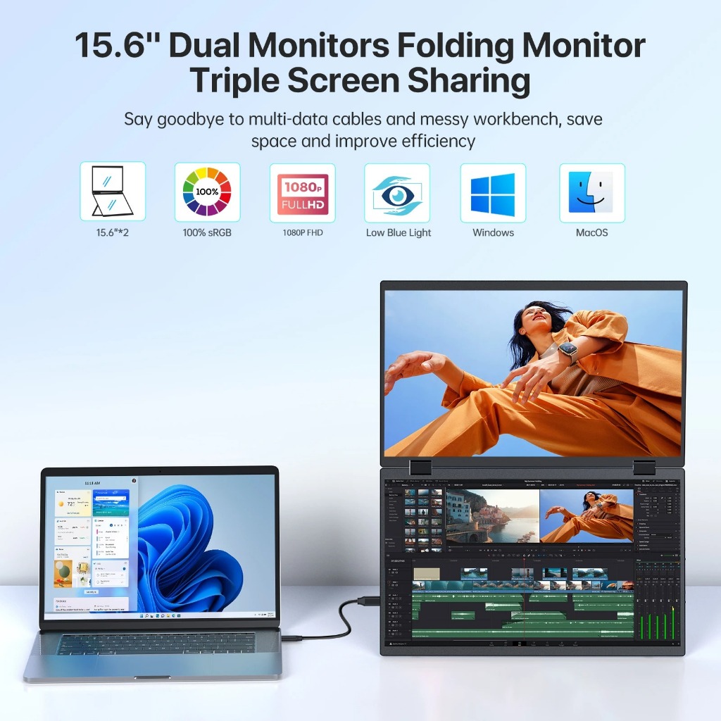 Jual Dual Monitor Portable 15.6 Inch Foldable HDMI Type C Extend 180 ...
