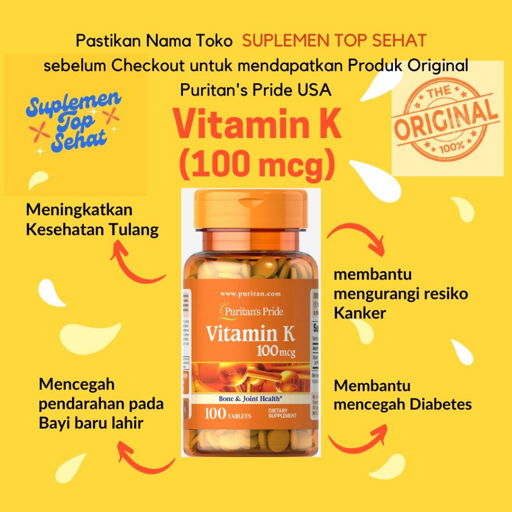 Jual ORIGINAL Puritan VITAMIN K 100mg 100 tablet untuk kesehatan Tulang | Shopee Indonesia
