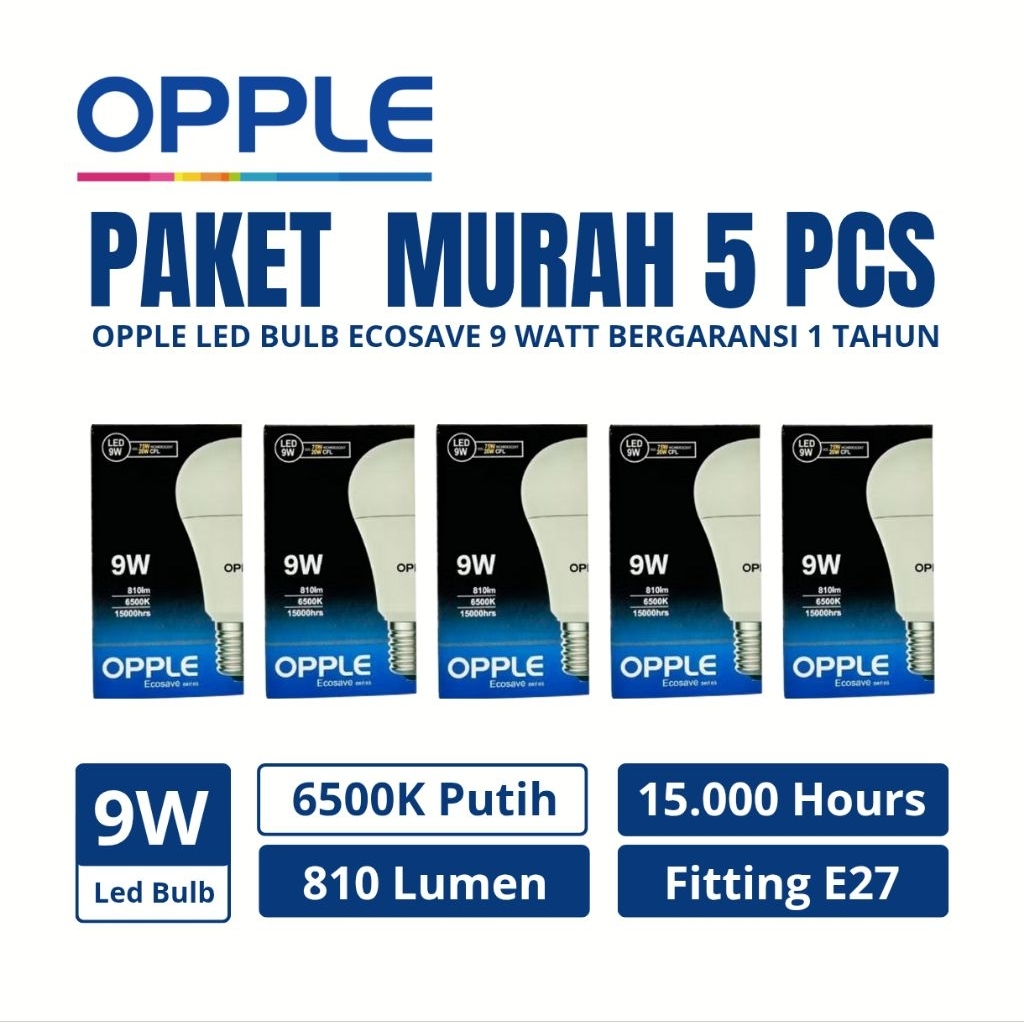 Jual Opple Lampu Led Bulb 9W Cahaya Putih 6500k Paket 5pcs | Shopee ...