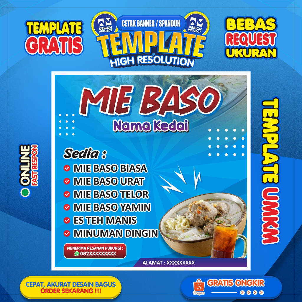 Jual spanduk banner Mie Baso bebas gambar nama toko warna biru | Shopee ...